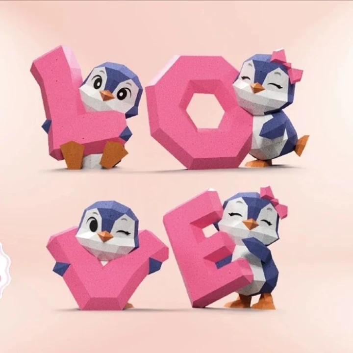 Penguins in LOVE Low Poly Papercraft