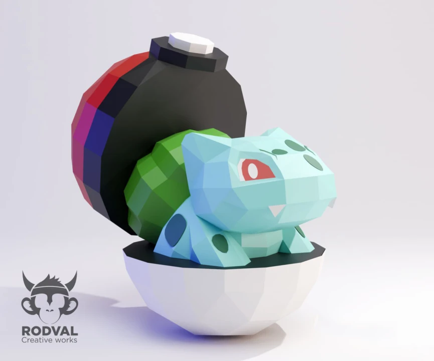 BULBASAUR POKEBALL, Pokemon, Papercraft, Template, DIY, Paper, Low Poly ...
