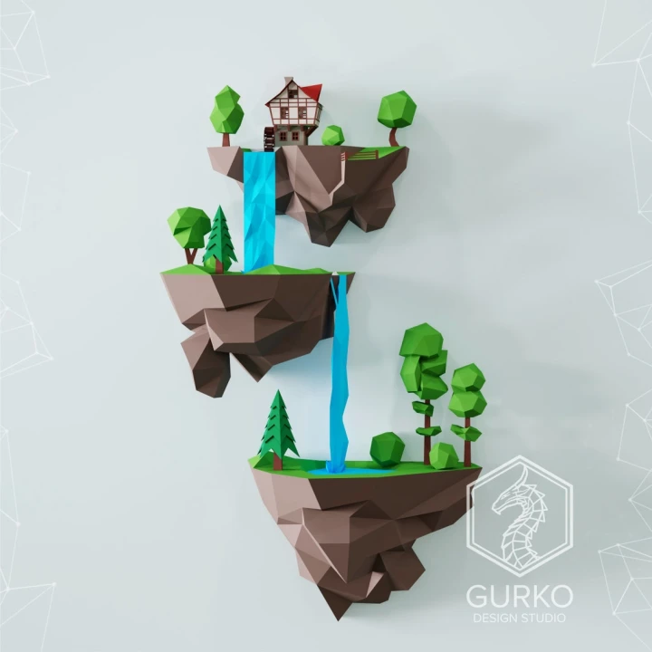 Papercraft Flying Island. Waterfall, Pdf, Gurko, Pepakura, Template, 3D ...