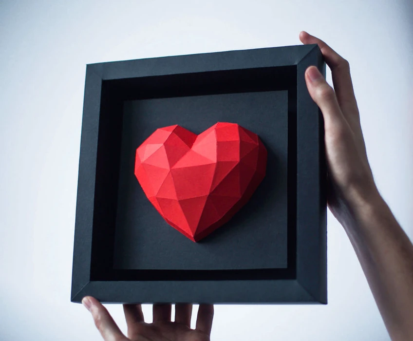 Paper Heart in Frame Decor Low poly Papercraft, DIY, PDF