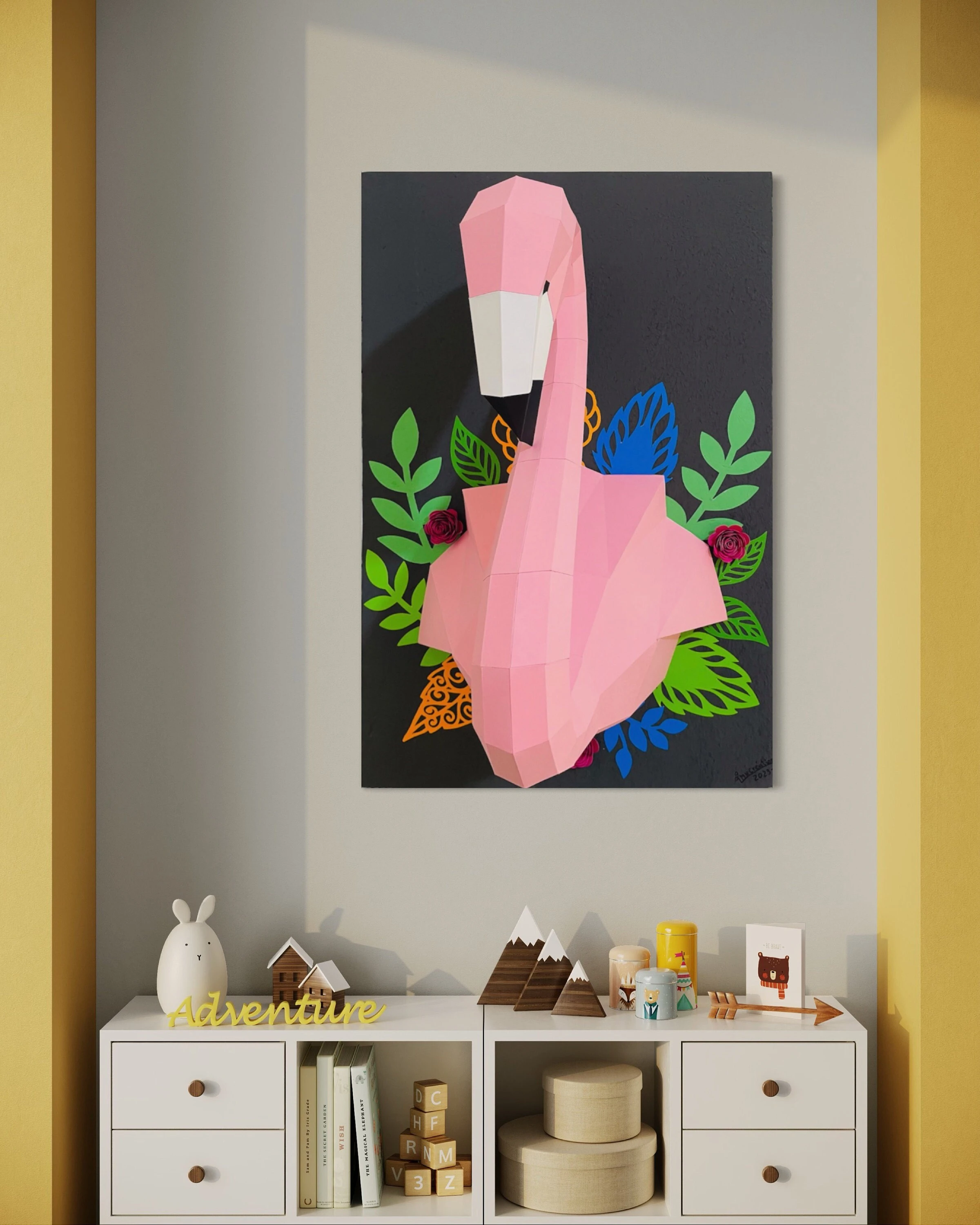 Papercraft Flamingo, 3D Paper Craft sculpture, animal head trophy, low ...