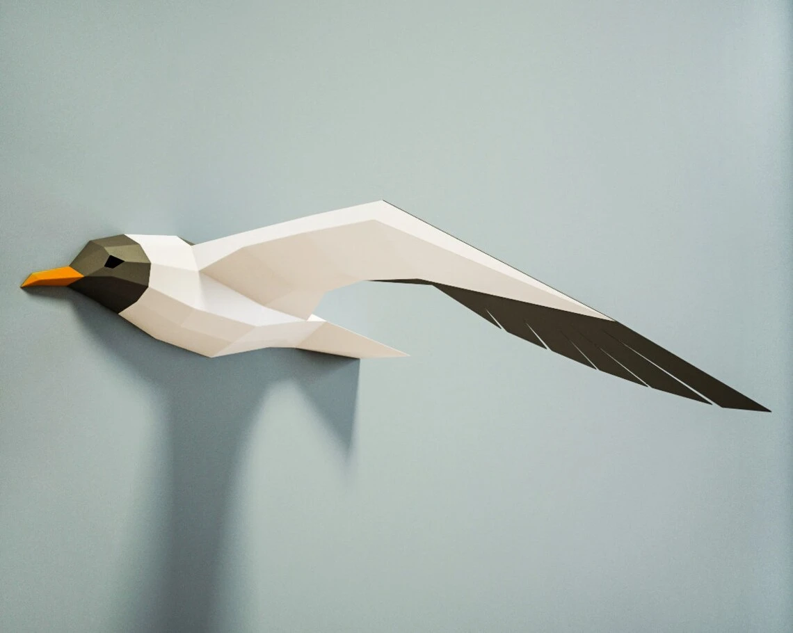 Papercraft gull 3D sculpture, DIY Paper craft template, Seagull origami ...