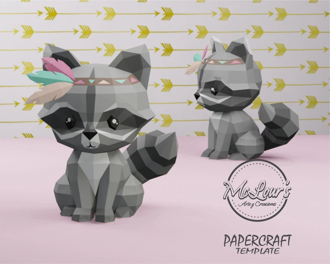 Sitting Raccoon/ Boho/ DiY Craft/ Template PDF/ Low Poly/ Papercraft ...