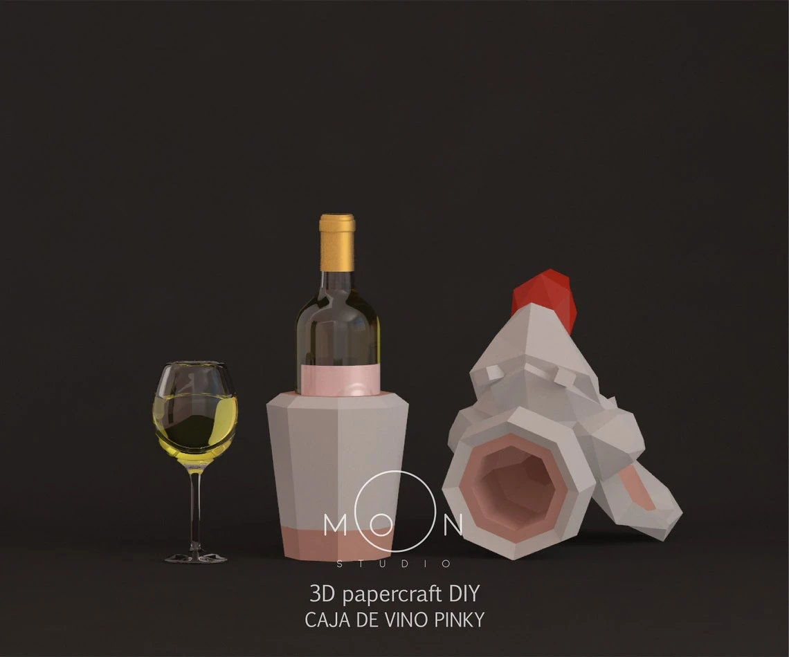 Pinky Wine Box, Papercarft, PDF Templates, DIY 3D Model, Low Poly ...