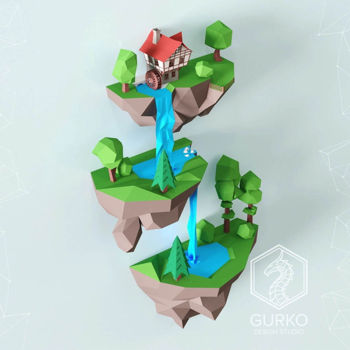 Papercraft Flying Island. Waterfall, Pdf, Gurko, Pepakura, Template, 3D ...
