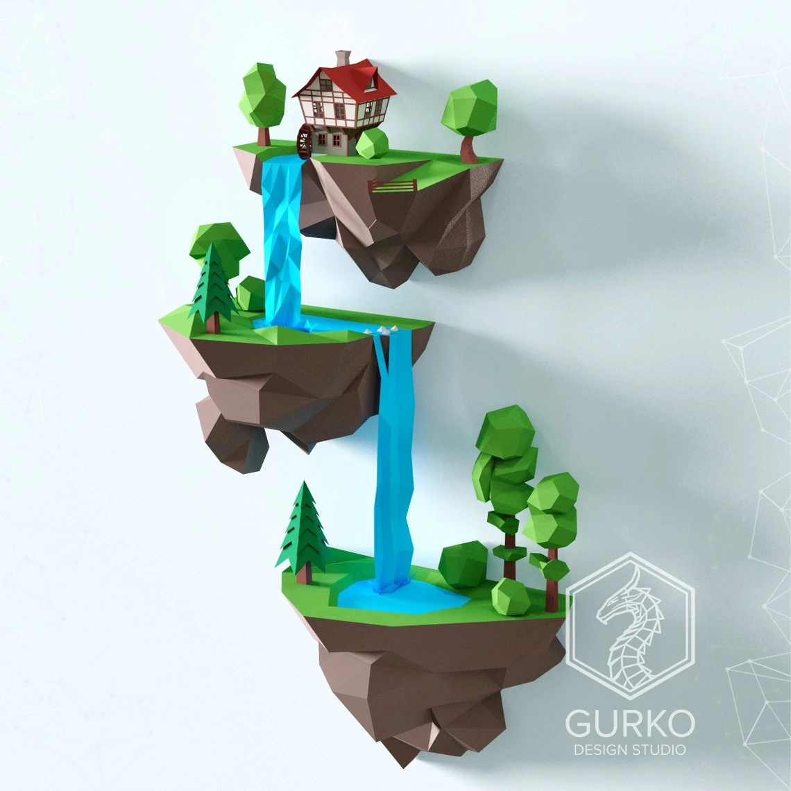 Papercraft Flying Island. Waterfall, Pdf, Gurko, Pepakura, Template, 3D ...
