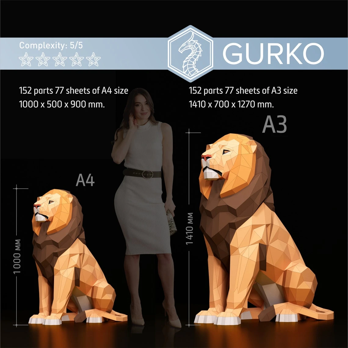 Sitting Lion Papercraft, Pdf, Gurko, Pepakura, Template, 3D Origami ...