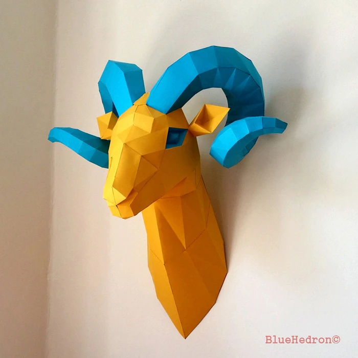 Ram Head 3D Wall Decor Low poly Papercraft, DIY, PDF