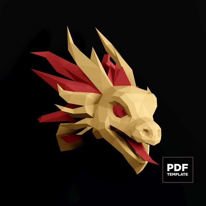 Dragon Head Papercraft Low Poly Decoration, PDF Template, DIY Paper 3D ...