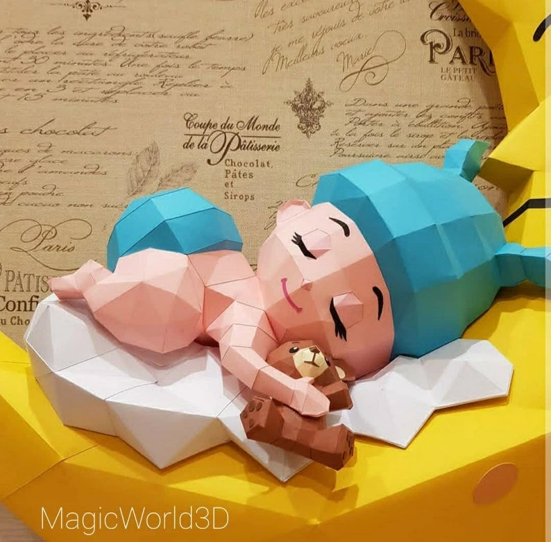 Baby Sleeping on the Moon Low Poly, Papercraft, PDF template, Paper ...