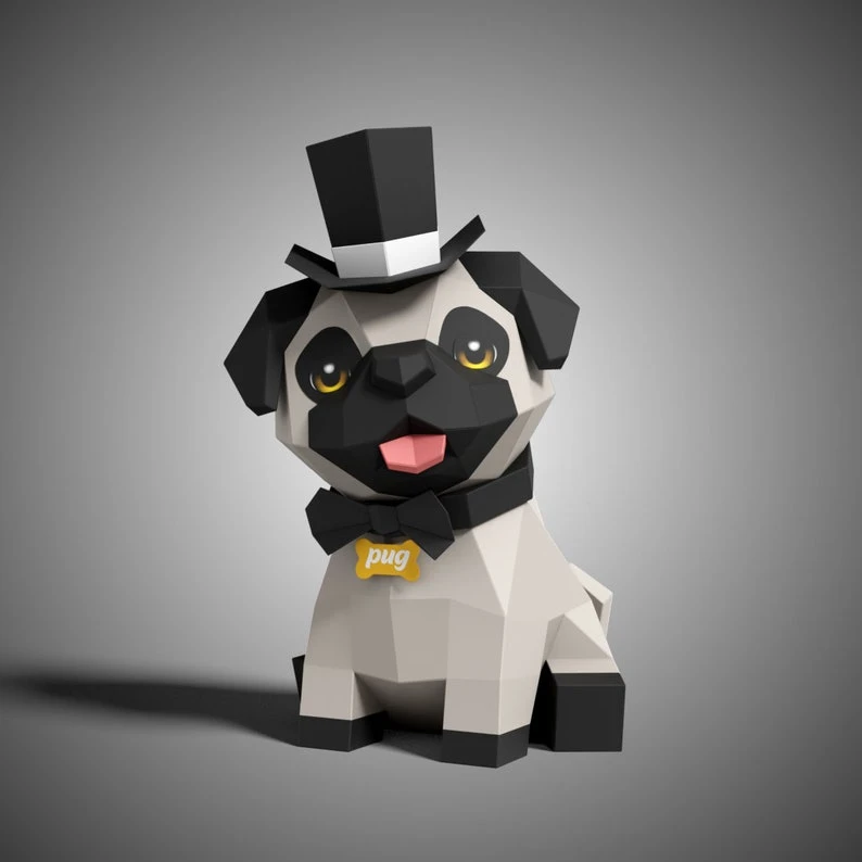 Cute Pug Dog Sitting Pose Paper Sculpture, Printable PDF template ...