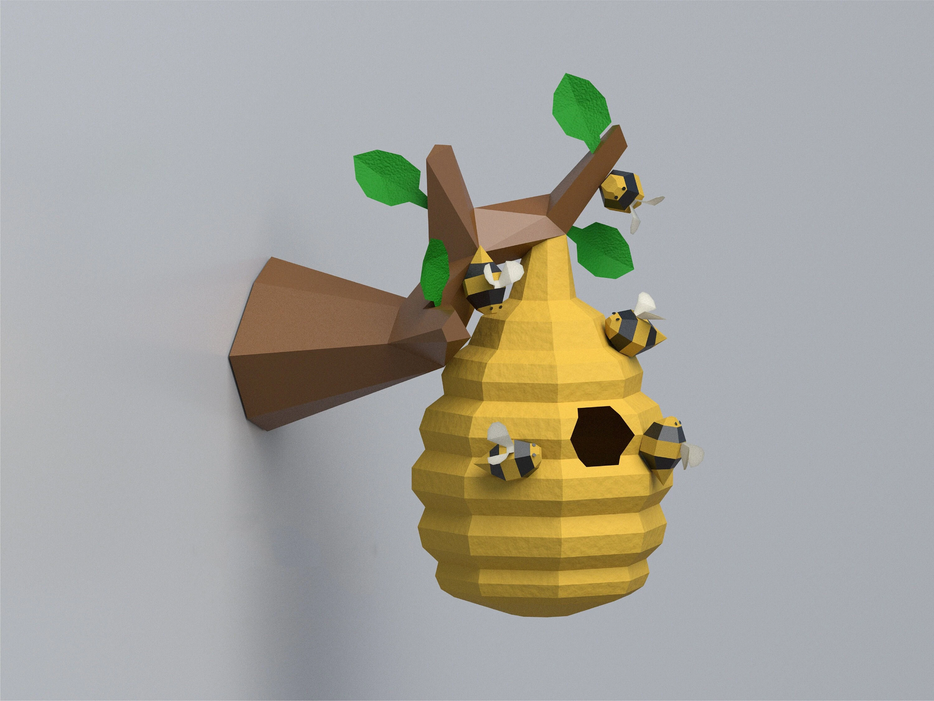 Papercraft bee and hive on a branch, low poly bee and hive template ...