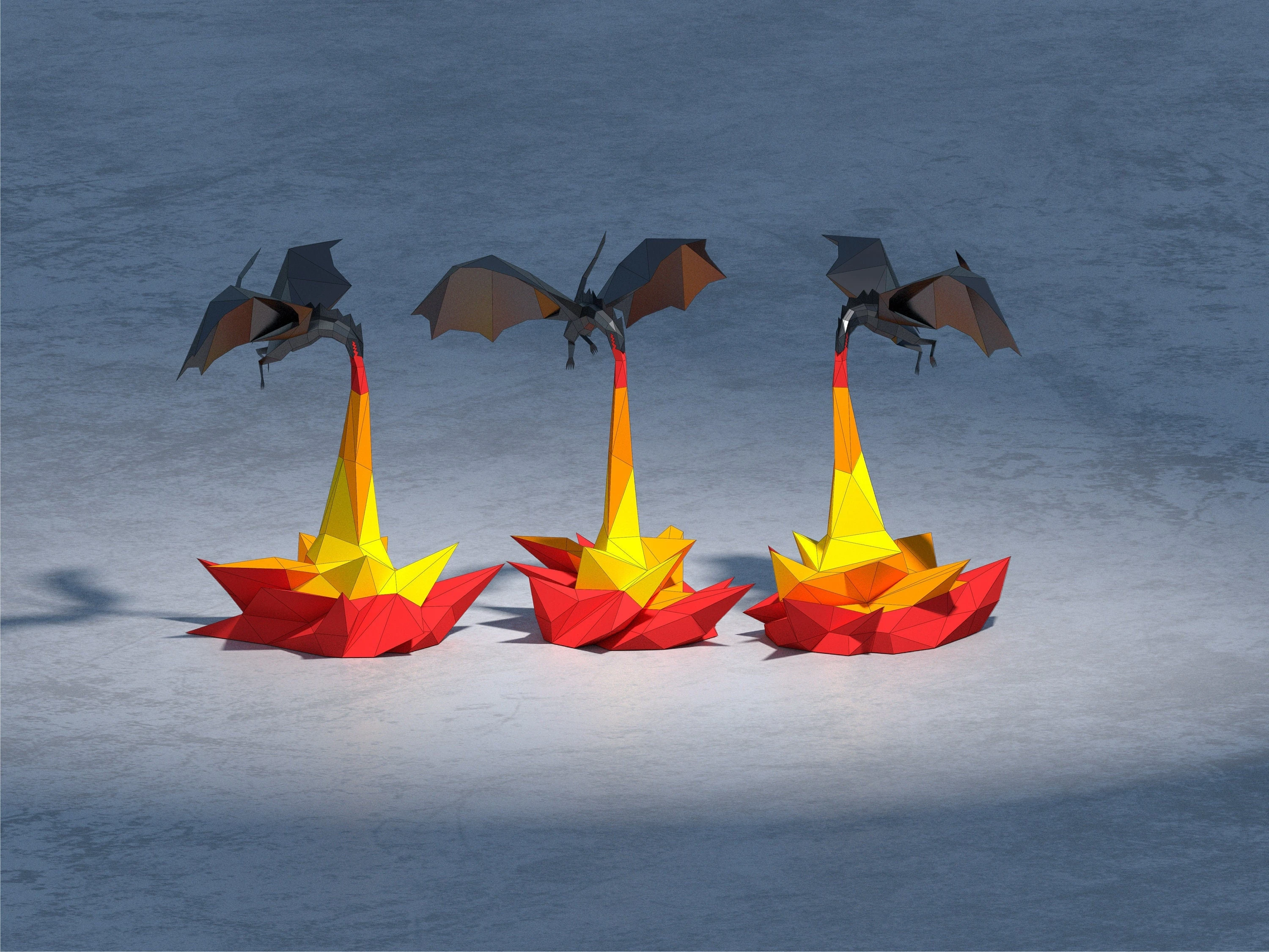3D Papercraft dragon with fire, low poly fire dragon template, paper ...