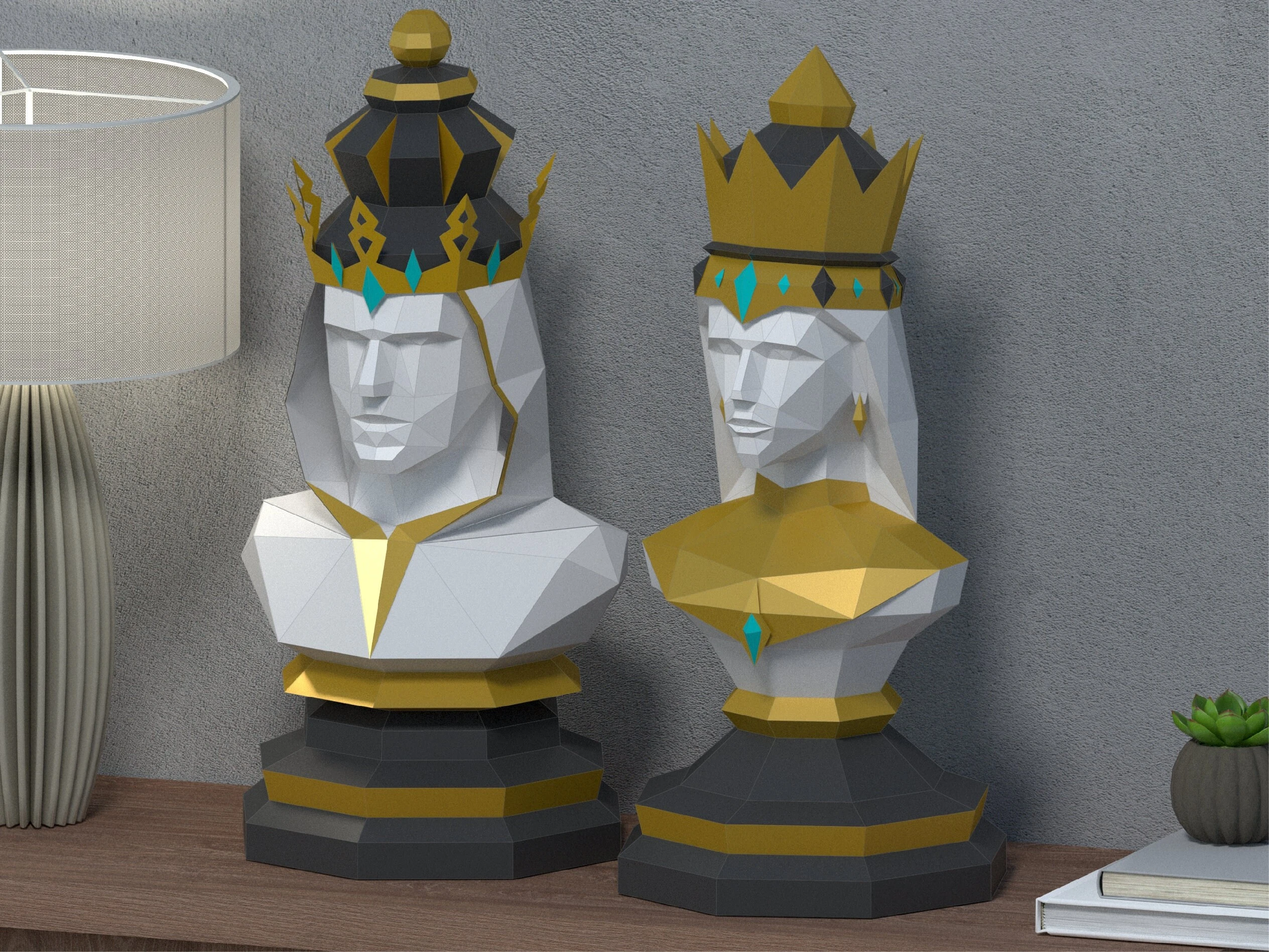 3d papercraft chess Queen and King PDF template, paper sculpture, DIY ...