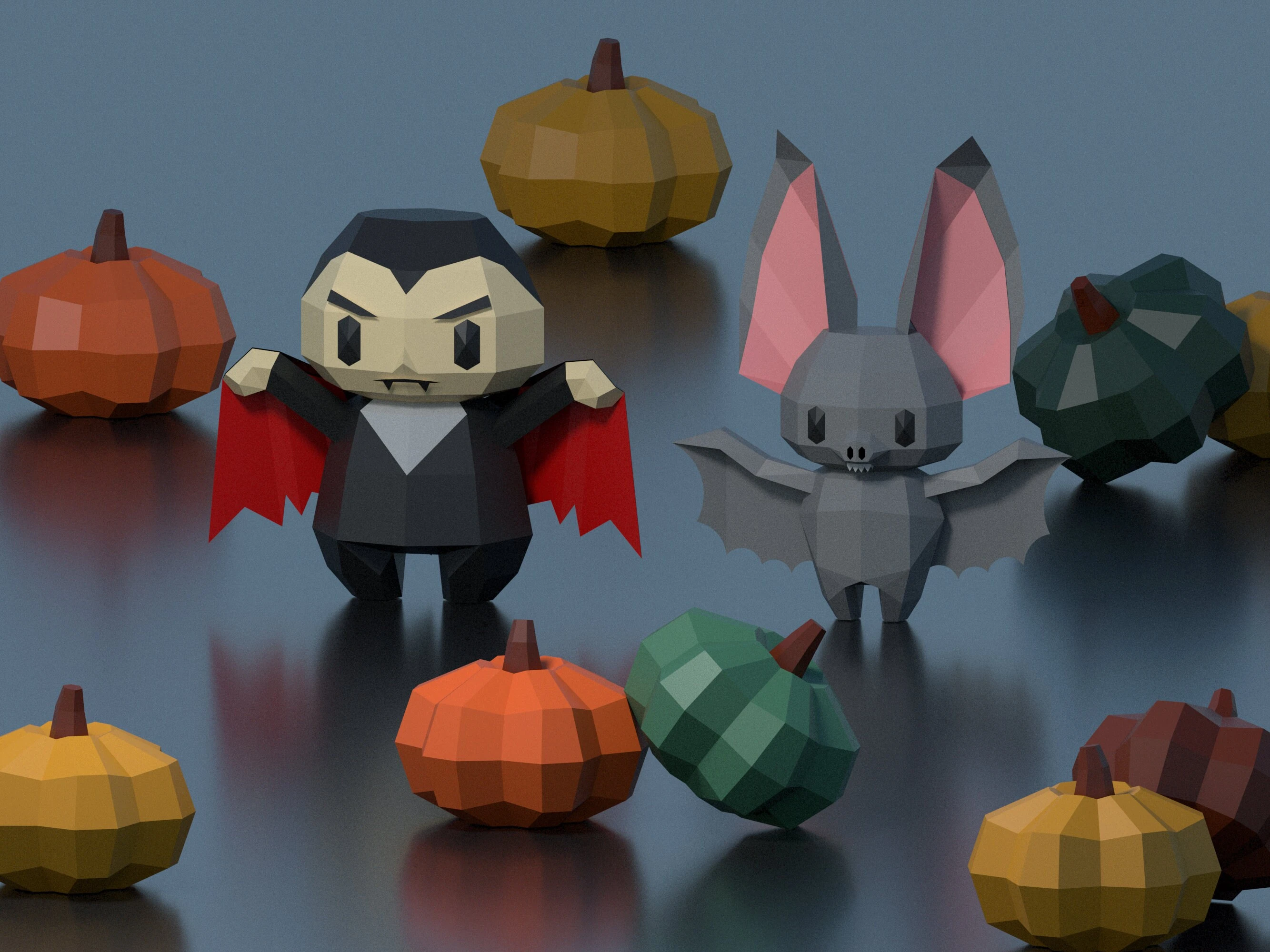 Papercraft halloween vampire and bat + bonus pumpkin, low poly vampire ...