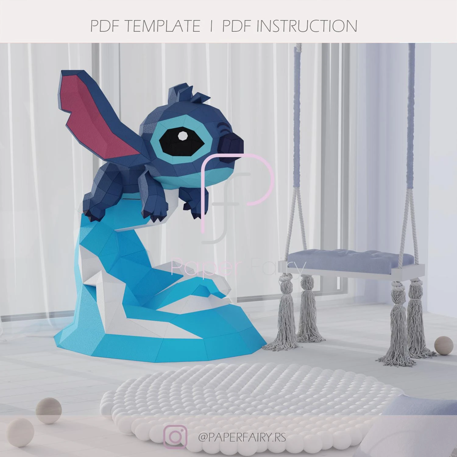 Cartoon Stitch Character Papercraft, Low Poly Toy, Blue Alien Party ...