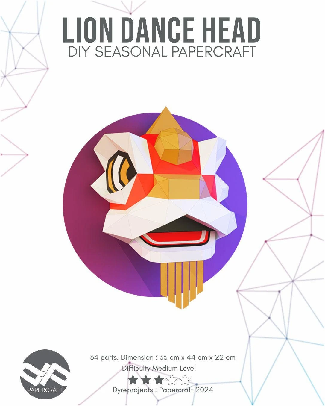 DIY Low Poly Papercraft, Chinese Lion Dance, Digital template, DIY ...