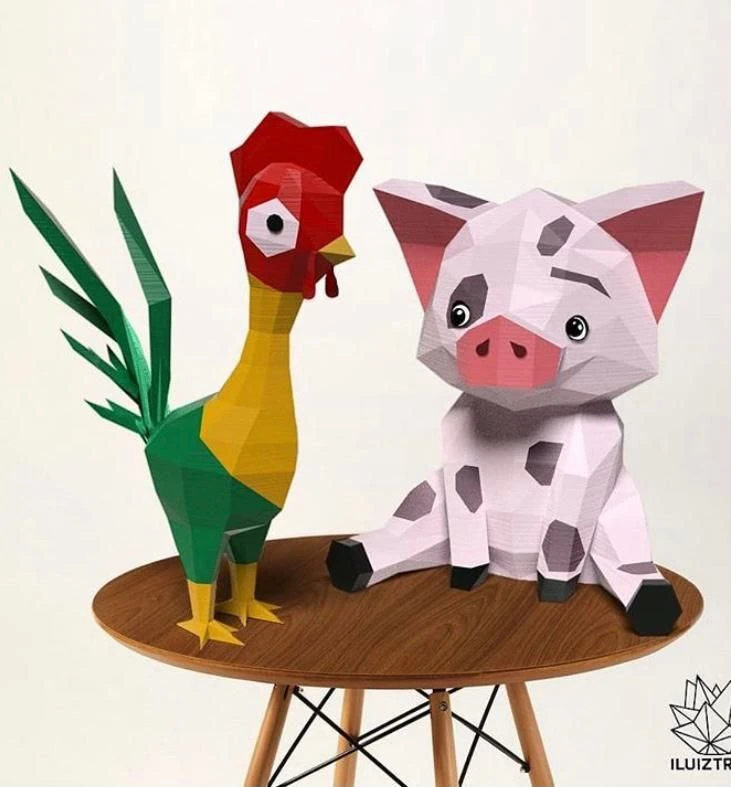 Low Poly Moana Animal Set Papercraft Template | DIY 3D Heihei & Pua Sculpture Duo | Disney Movie ...